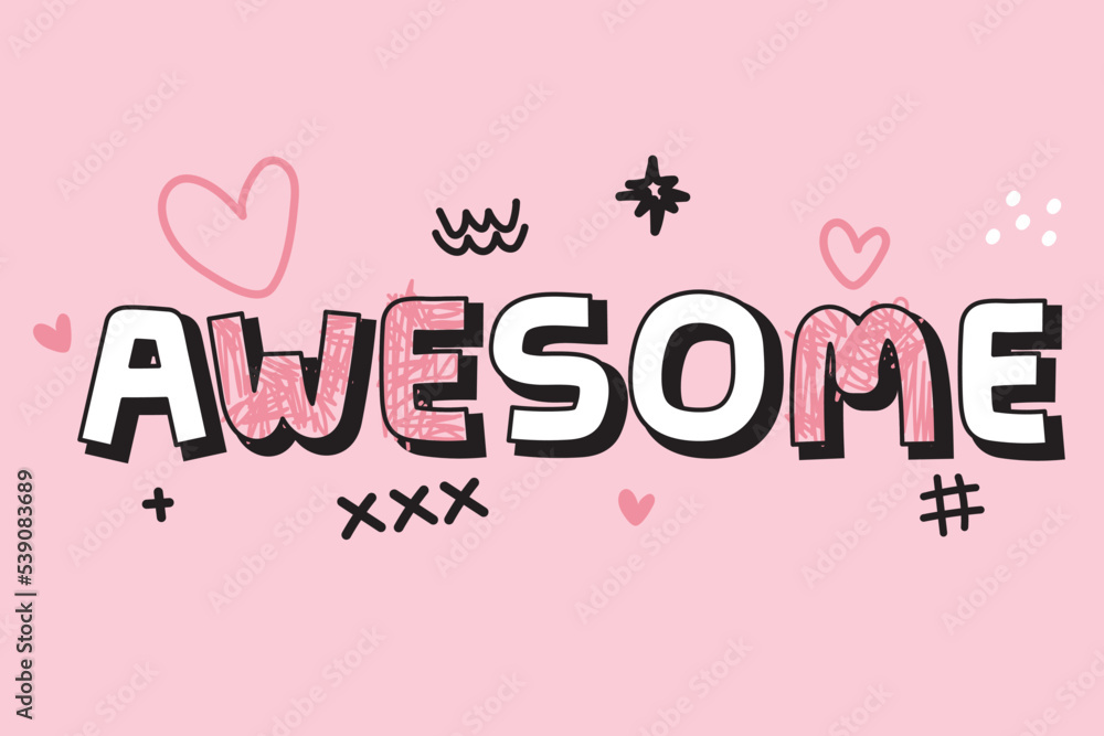Cute awesome text design with heart on pink background.Font cartoon ...
