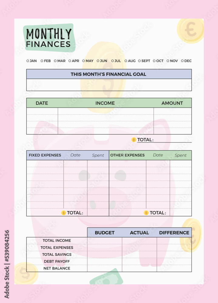 Minimalist planners. Monthly finance planner template. Cute and simple ...