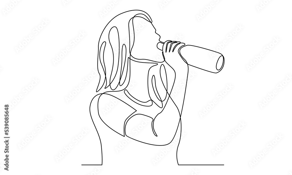 continuous line of woman drinking water from a bottle Stock Vector ...
