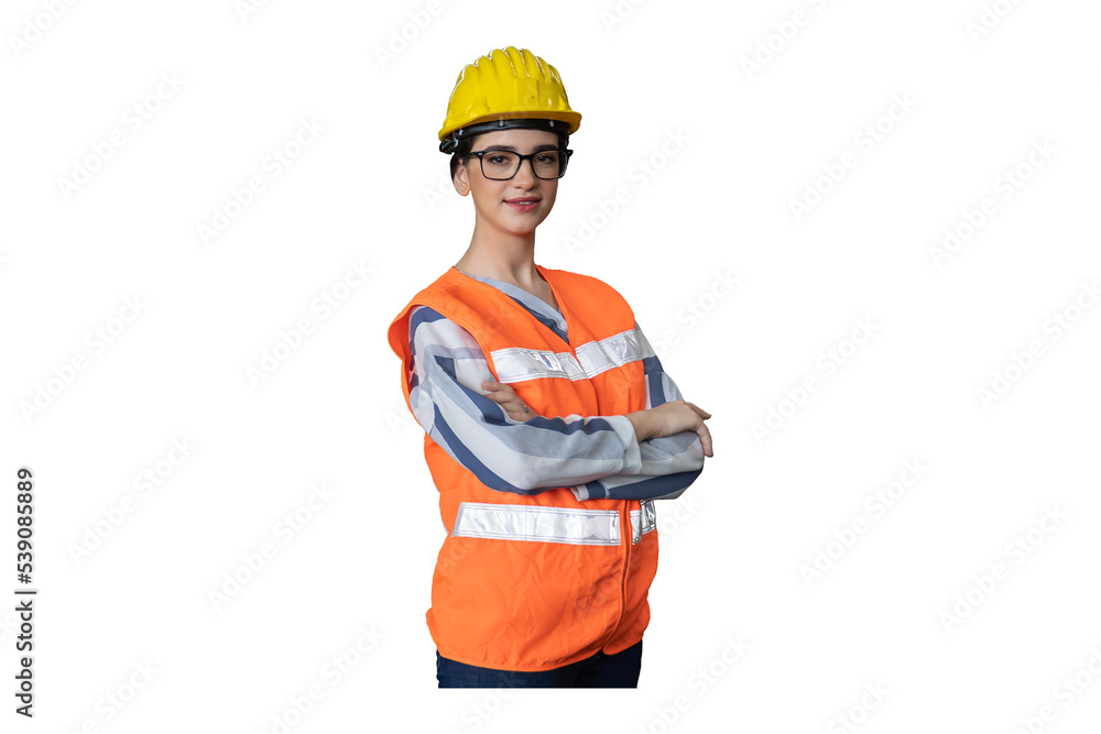 Portrait of female engineer wear uniform and safety helmet standing ...