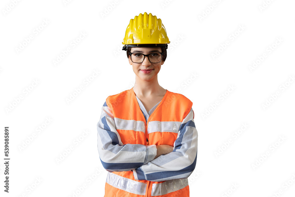 Portrait of female engineer wear uniform and safety helmet standing ...