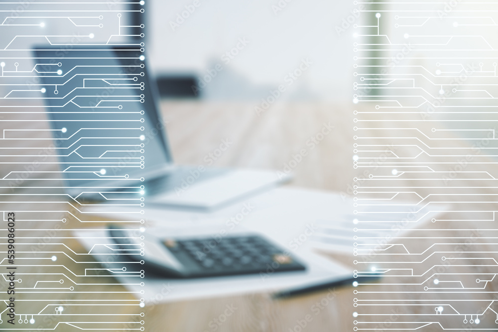 Abstract virtual microscheme illustration on calculator and laptop ...