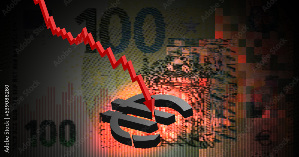 Vector broken 3d euro symbol and red downward graphic arrow on turbid ...