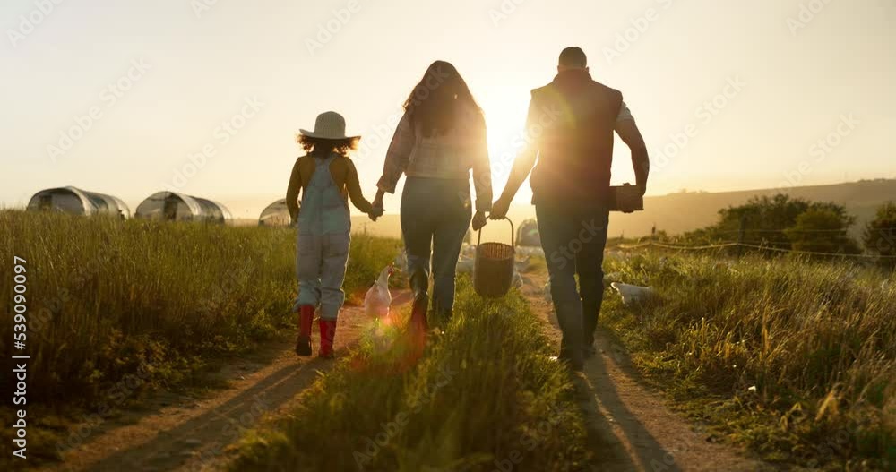 Farmer family, farm and bonding mother, father and girl on environment ...