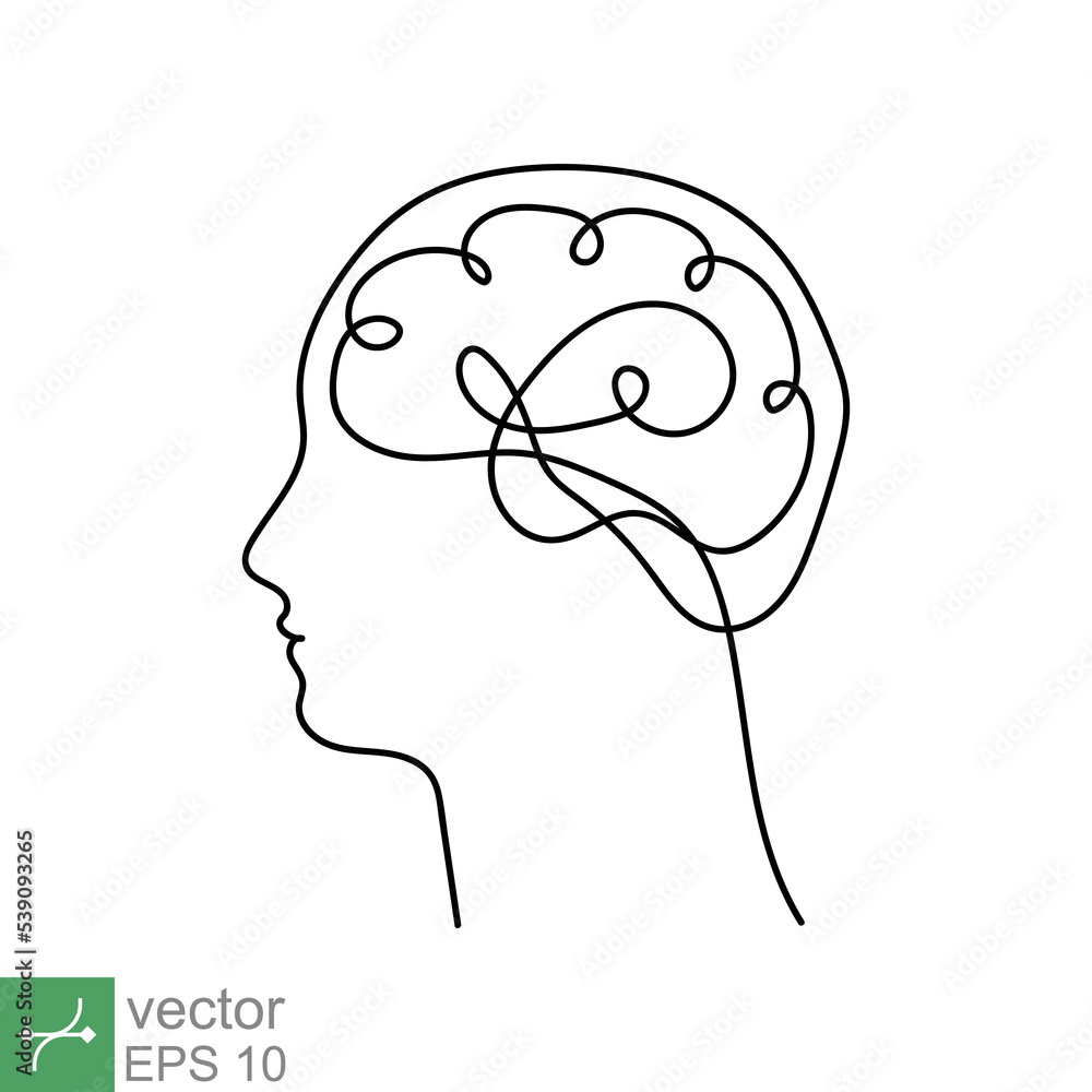 Continuous line art and one line drawing of a human head with brain ...