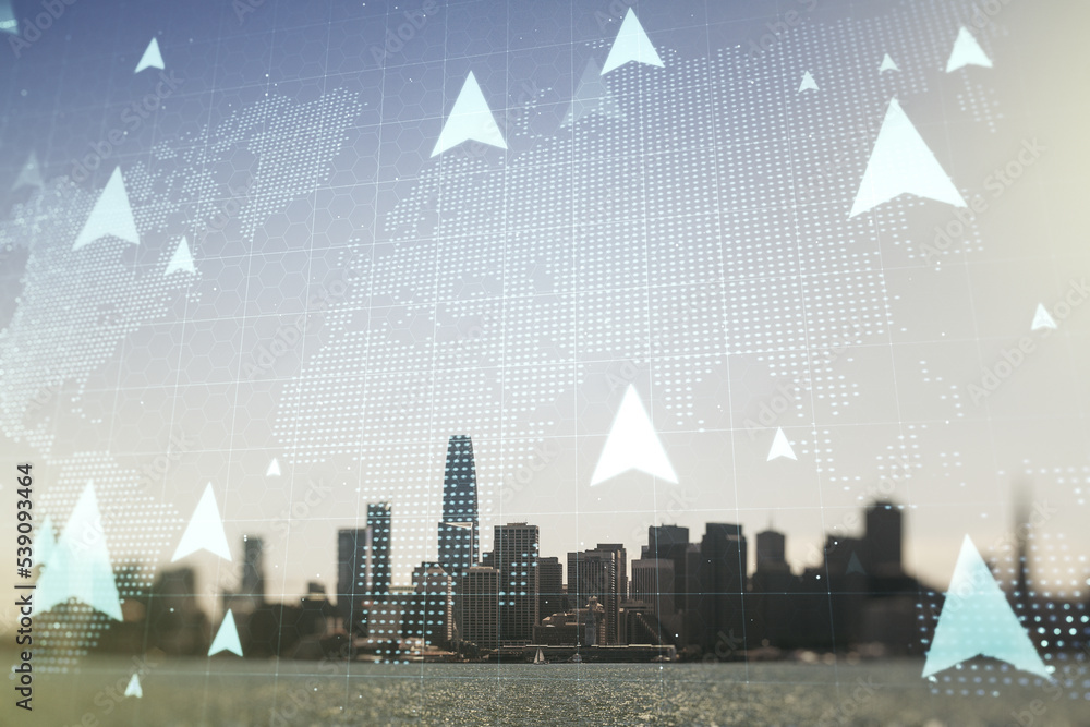 Abstract virtual geolocations map hologram on San Francisco skyline ...