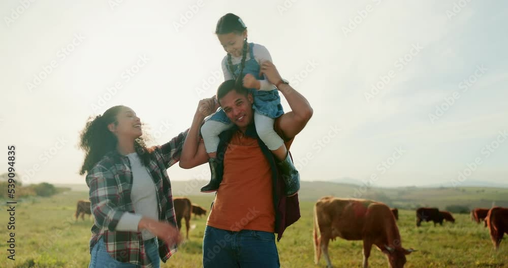 Farm animal, field and fun happy family play, bond and enjoy outdoor ...