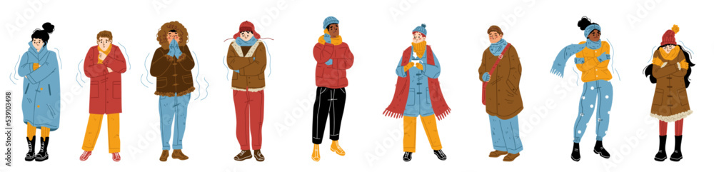 Cold frozen people winter freeze and shiver. Isolated characters wear ...