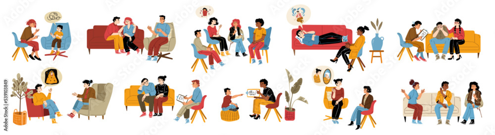 Mental therapy, health, psychotherapy session set. People visit ...