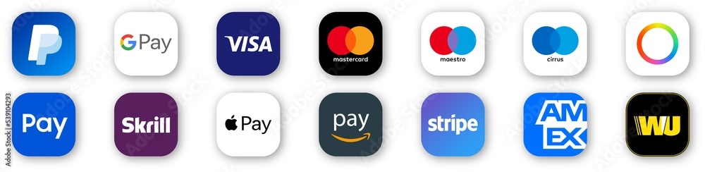 Buttons/icons of popular payment systems.Pay Pal, Google Pay, Visa ...
