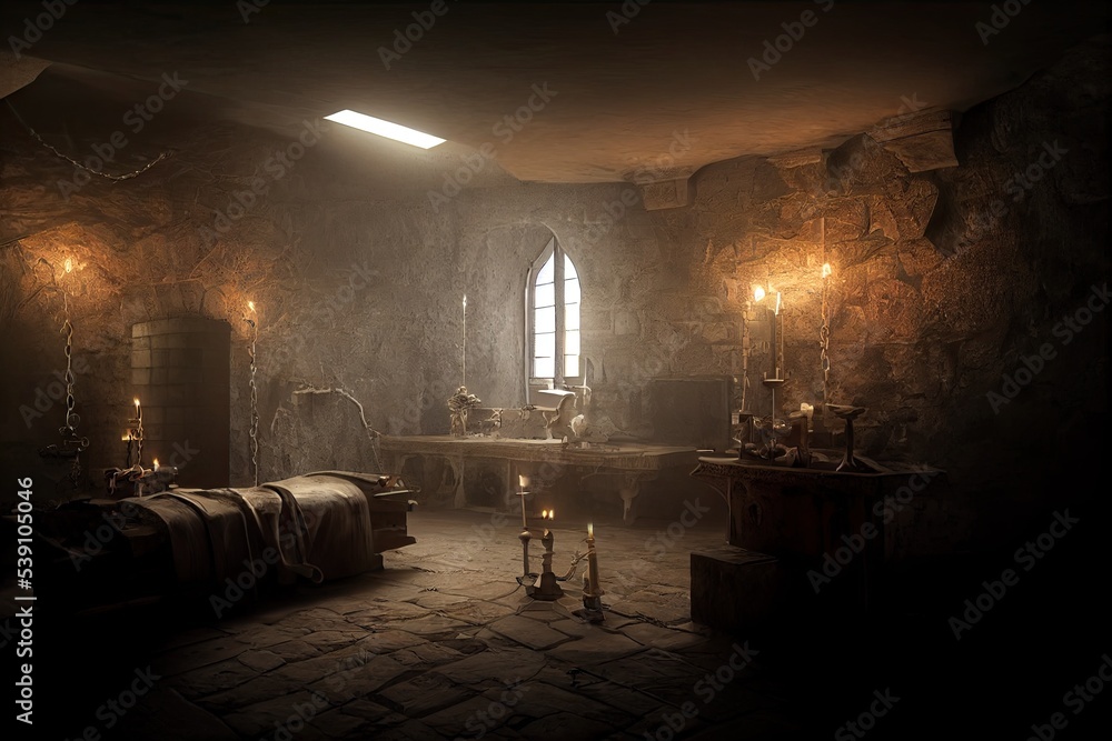 Dracula castle cell interior with chains by candlesticks,writing desk ...