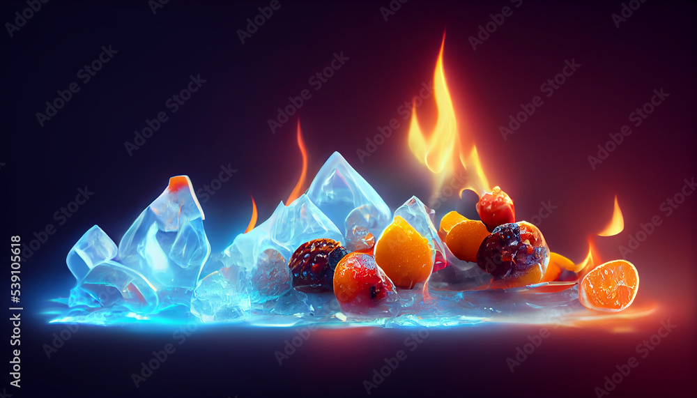 melt ice crystals burning with red yellow fire. Cold winter frozen ice ...