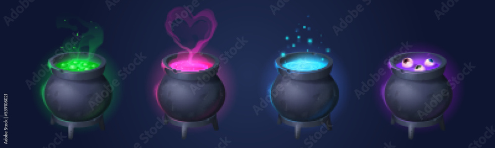 Cauldrons with witch magic potions. Green poison, love potion, soup with eyeballs in old cooking ...