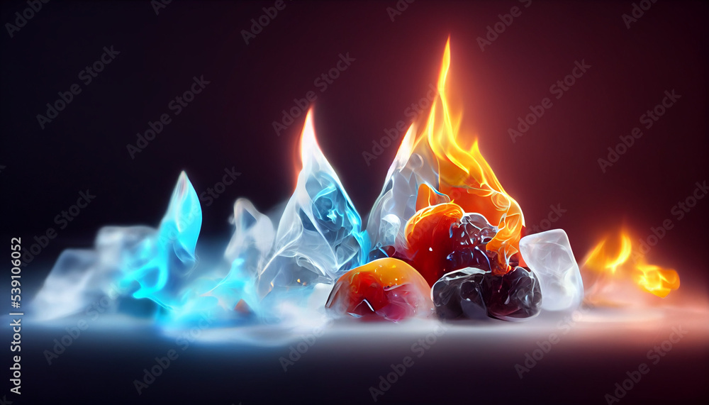 melt ice crystals burning with red yellow fire. Cold winter frozen ice ...