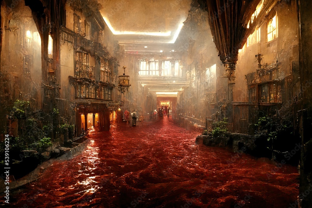 An indoor scene of a blood-filled haunted hotel in which rivers of ...