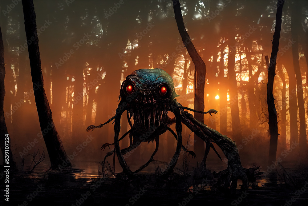 Creepy swamp night creature. Realistic digital illustration. Fantastic ...