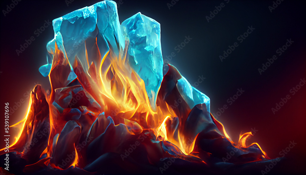 melt ice crystals burning with red yellow fire. Cold winter frozen ice ...
