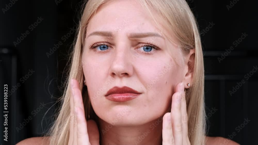 Second chin, obesity. Portrait of a 30-year-old woman pulling back the ...