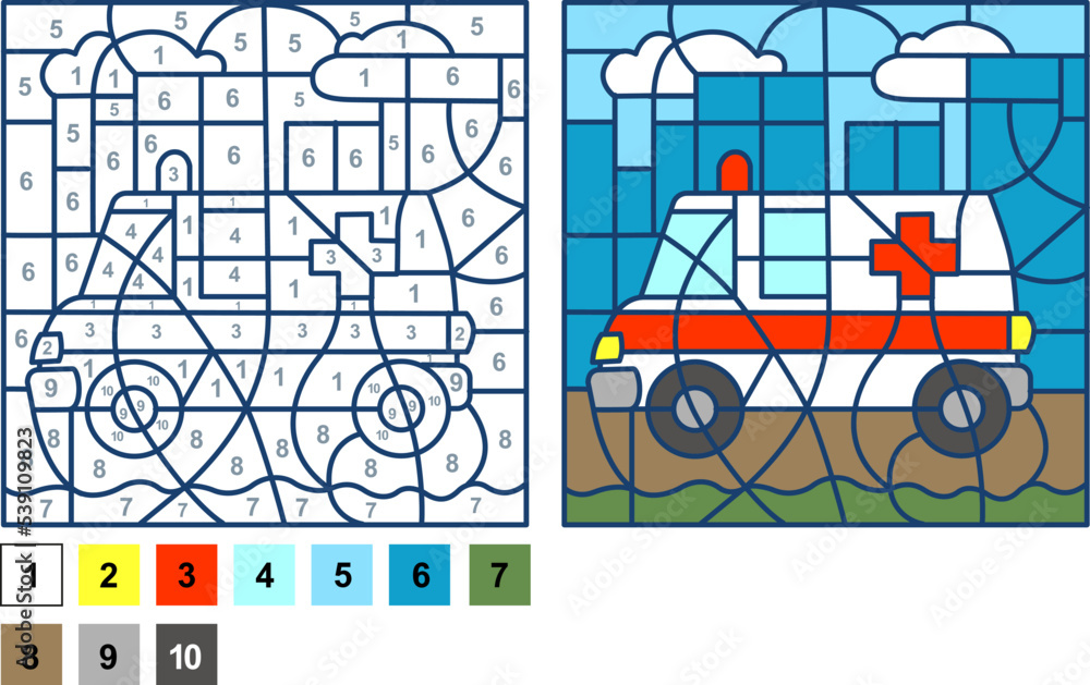 Puzzle game ambulance car, color by number sheet for children. Vector ...