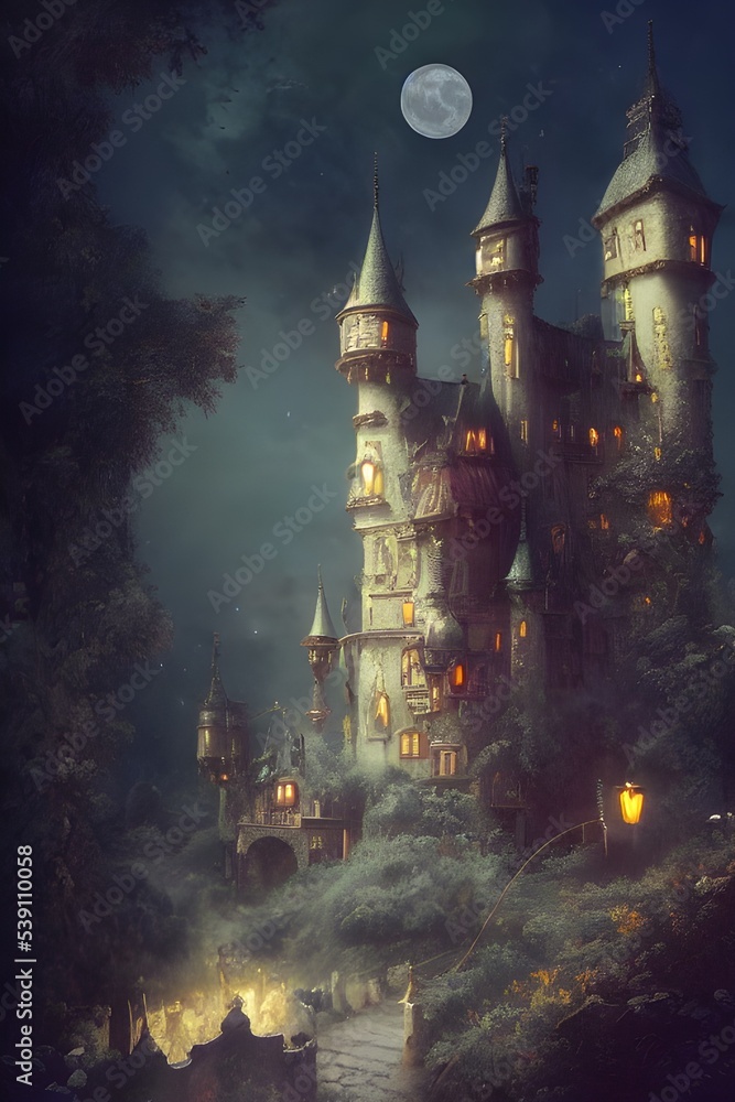 Fantasy castle on a full moon night. Stock Illustration | Adobe Stock