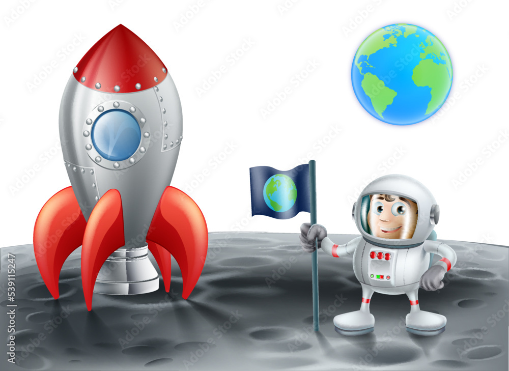 A cartoon space rocket spaceship on the moon with an astronaut planting ...