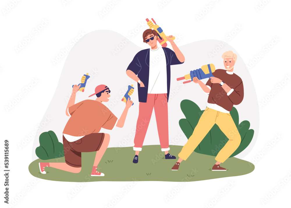 Happy men friends playing toy guns together. Fun and joy game of guys ...