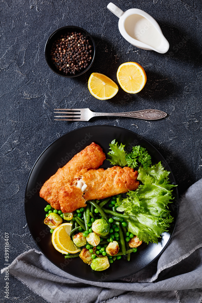 Crispy Beer Batter Cod Fish with green vegetables Stock Photo | Adobe Stock