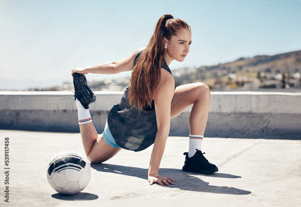 Soccer, woman stretching legs and rooftop sports game of athlete ...