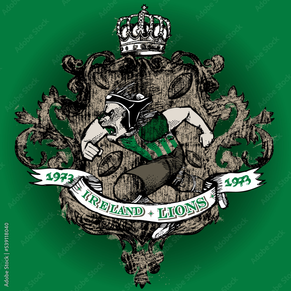 Ireland rugby team emblem with a lion rugby player running in the ...