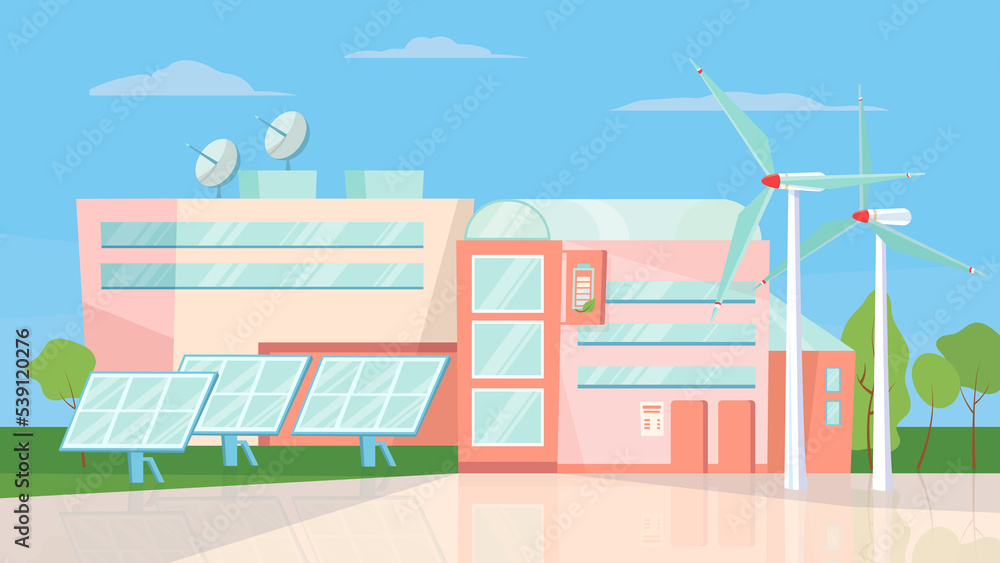 Eco energy factory building view, banner in flat cartoon design. Wind ...