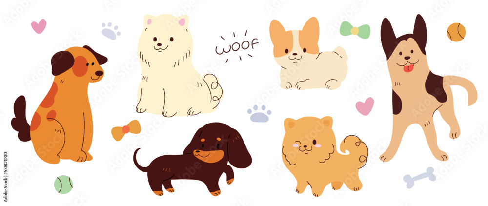 Cute dogs doodle vector set. Cartoon dog or puppy characters design ...