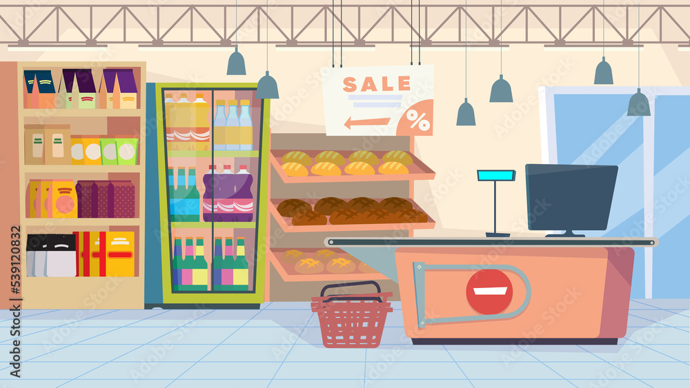 Grocery store interior, banner in flat cartoon design. Supermarket cash ...
