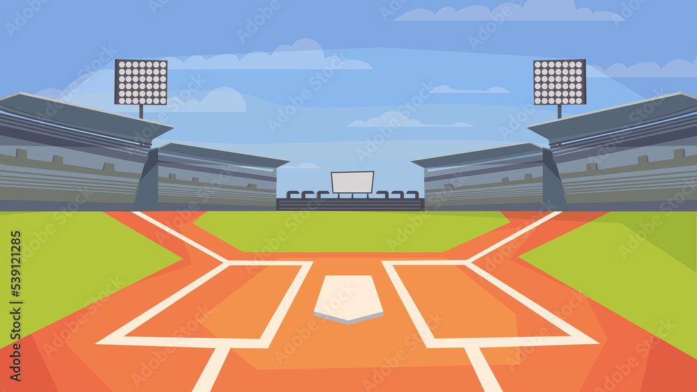 Baseball stadium view, banner in flat cartoon design. Sports center ...