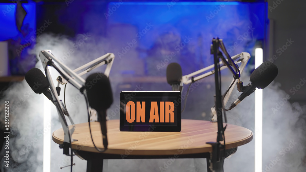 Professional podcast round table with microphones in kitchen with white ...