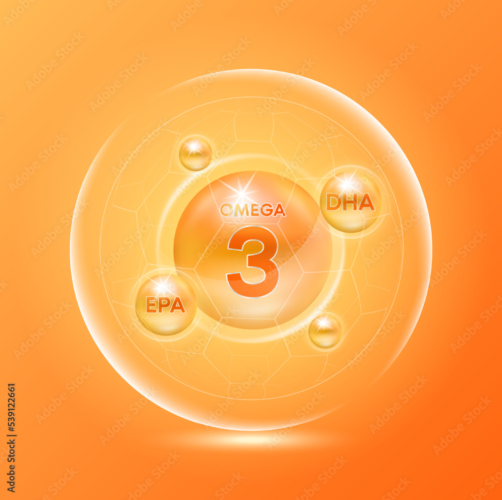 Fish oil Omega 3, EPA drop fatty acids DHA. Orange shining substance ...