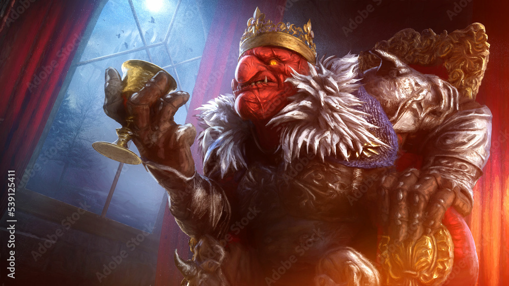 The evil red goblin king in fine black armor with a woolen collar ...