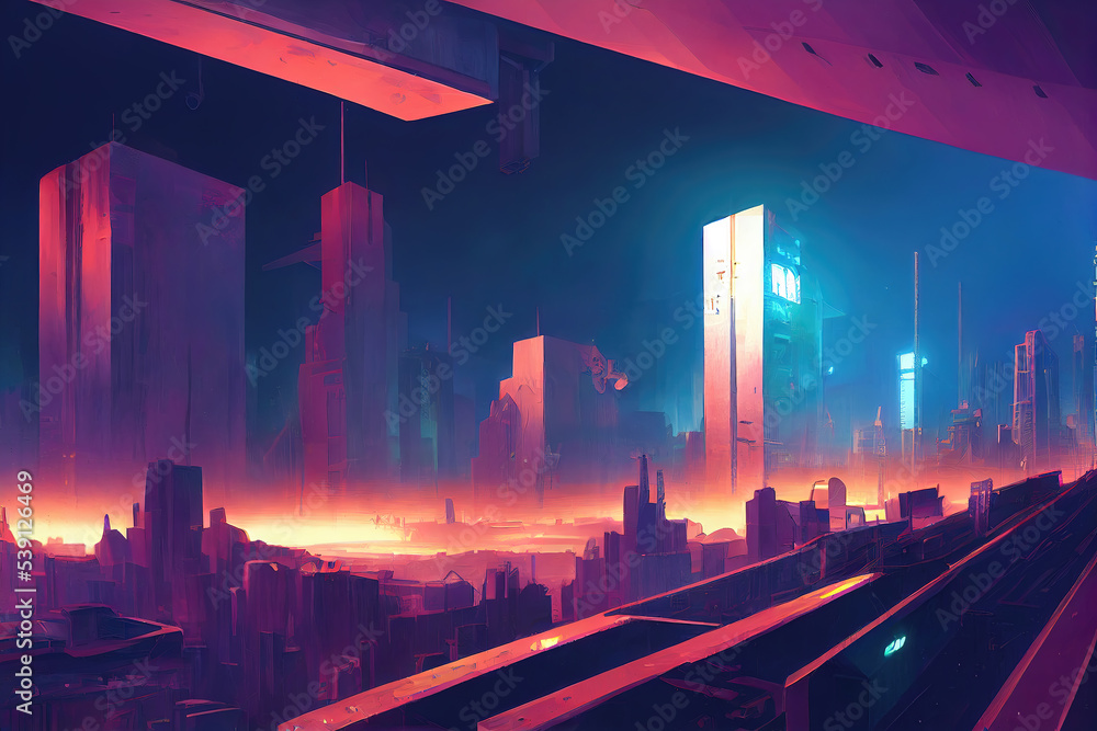 neon light city illustration, concept art illustration Stock ...