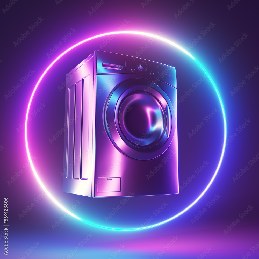 3d rendered neon light illustration of a chrome washing machine Stock ...