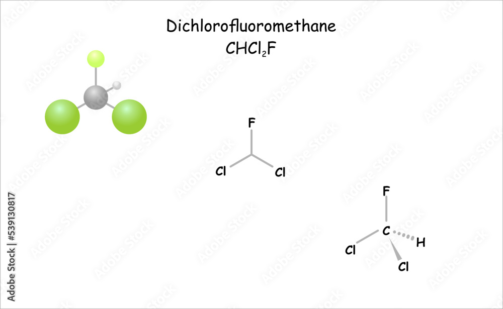 Stylized molecule model/structural formula of dichlorofluoromethane ...