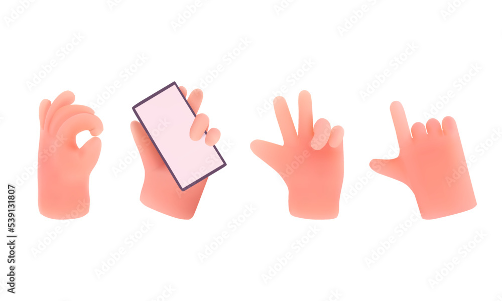 set of hand gestures in cartoon style 3d render. Vector illustration ...