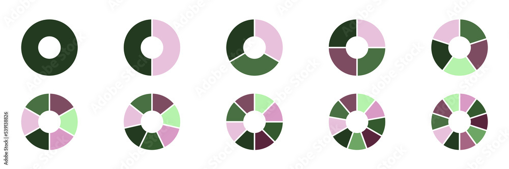 Segment wheels, donuts set. Ten slices pie chart. Colourful infographic ...