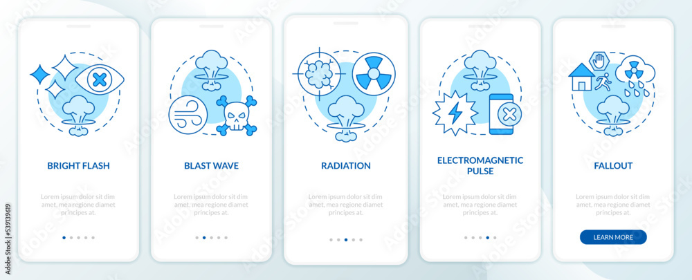 Nuclear explosion dangers blue onboarding mobile app screen. Radiation ...