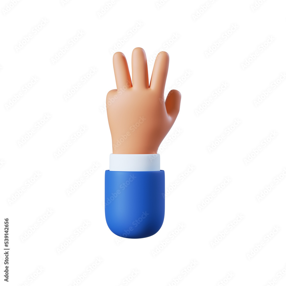 3d illustration. Three fingers counting icon. Cartoon character hand ...