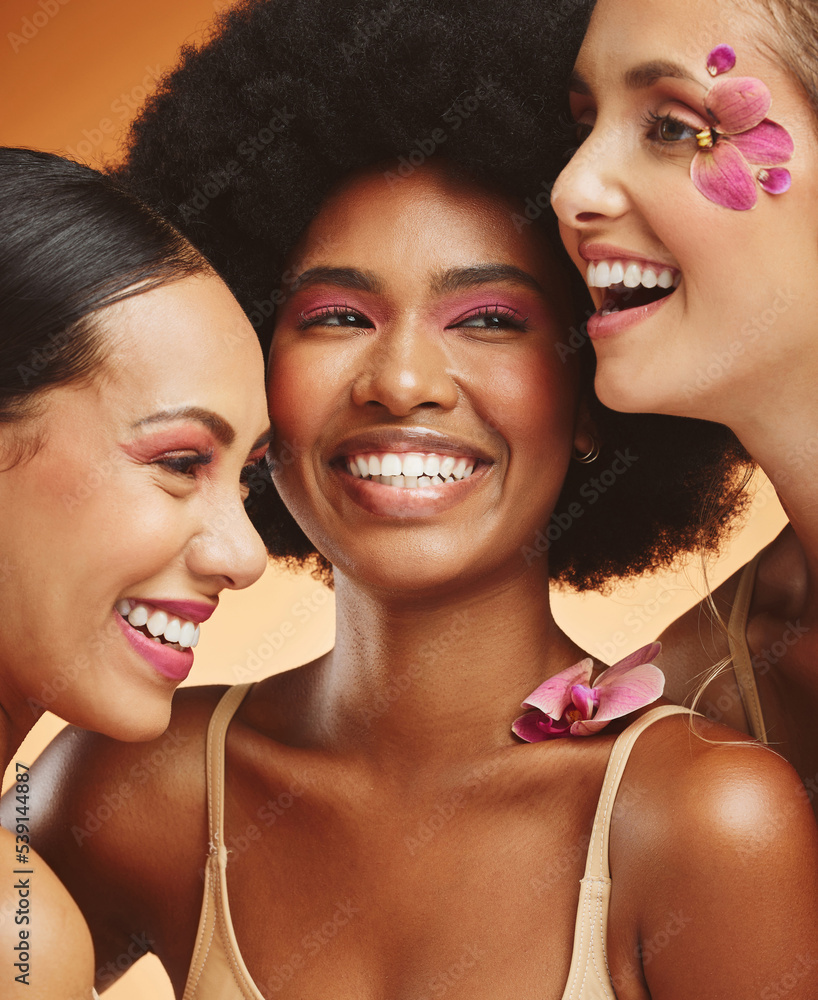 Women, beauty and flowers, makeup and diversity of models on orange ...
