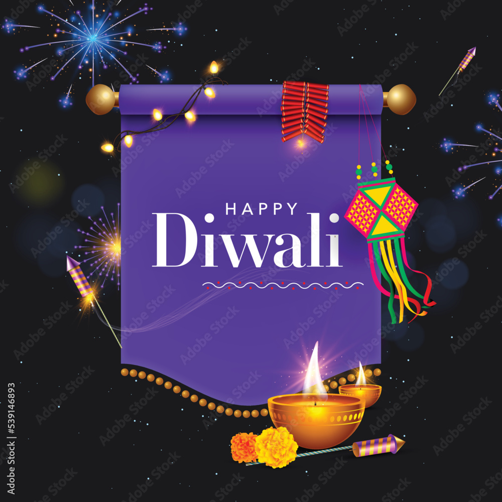Illustration of Happy diwali burning diya, flying rockets, fireworks ...