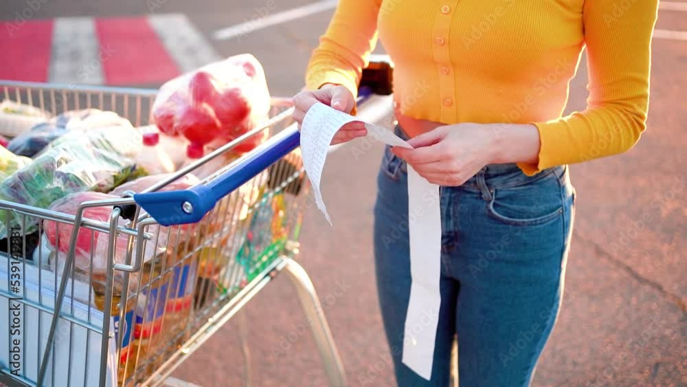 Woman checks paper check after shopping for groceries at mall by ...