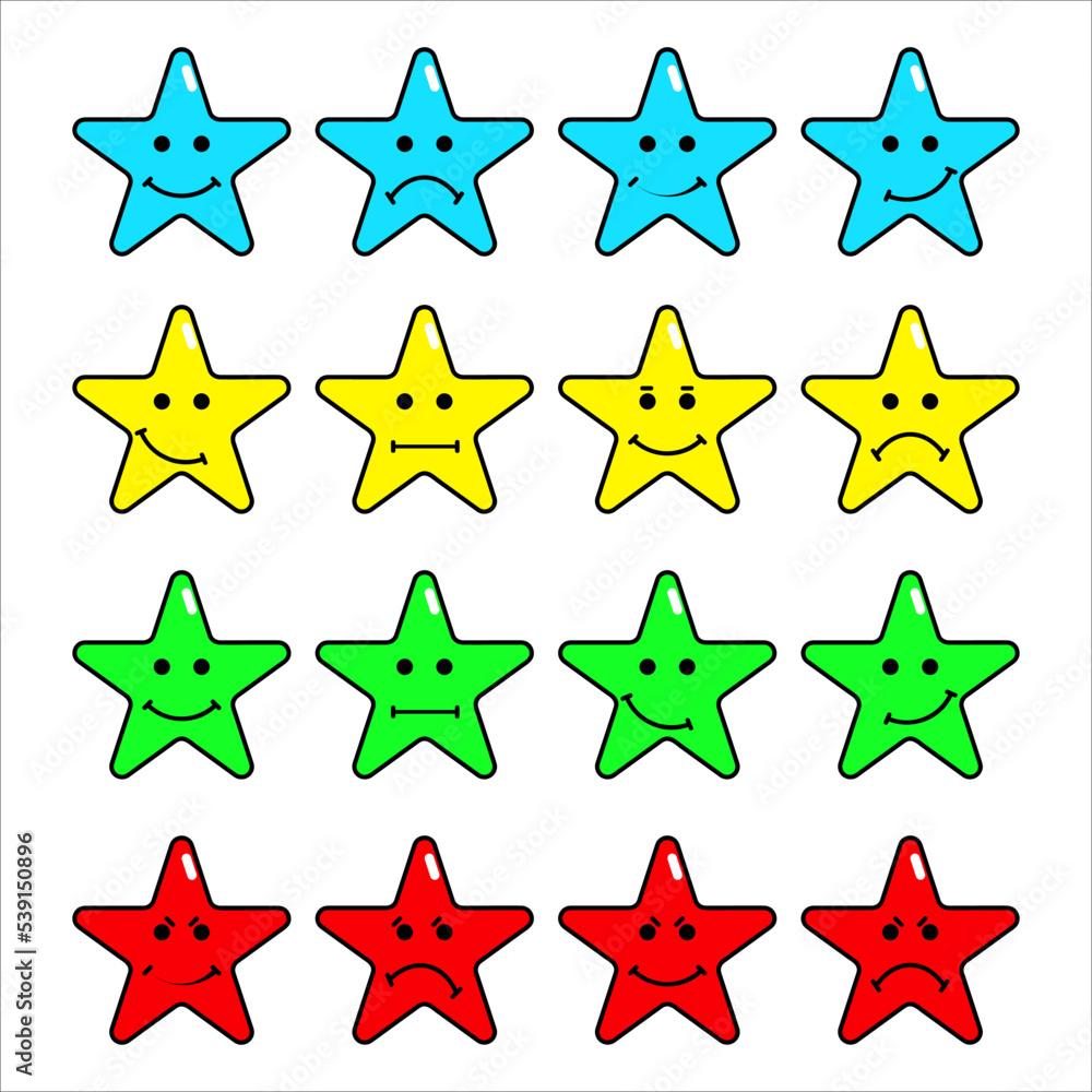 Stars emoji with 16 different shapes. Vector design. Happy, sad, angry ...