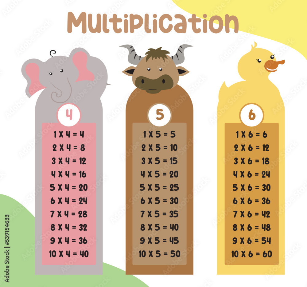 Vector multiplication table. Printable bookmarks or stickers with ...