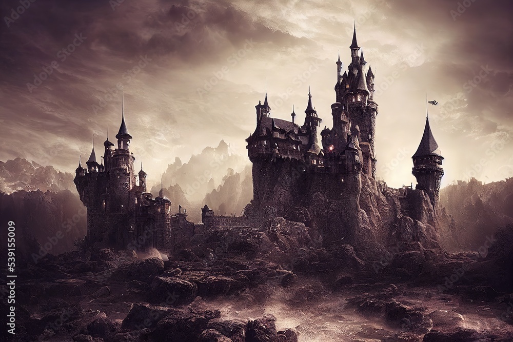 Two ruined castles are on the top of the mountain. 3D rendering Stock ...