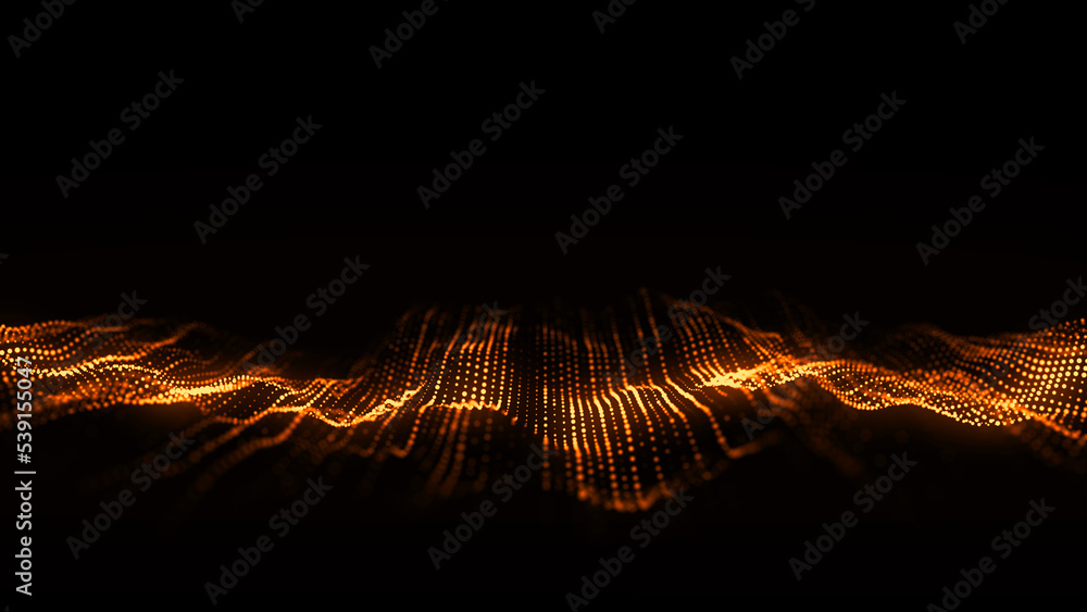 Gold wave of particles and lines. Big data visualization. Abstract background with a dynamic ...